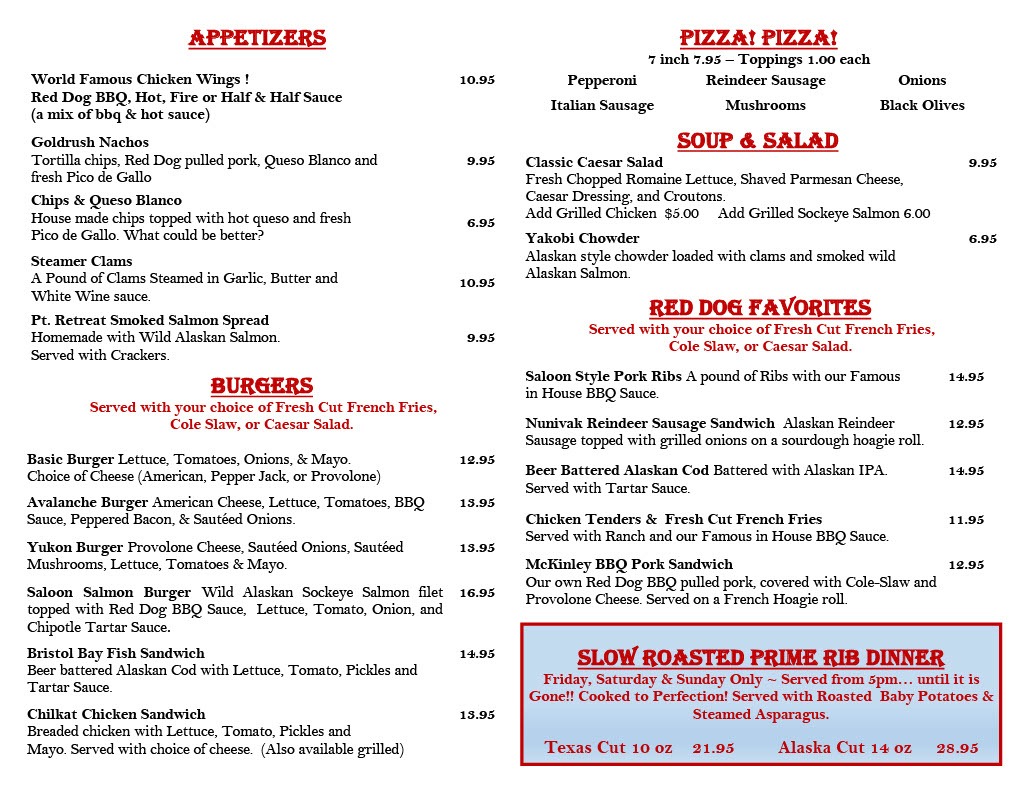 Red Dog Salooon Summer Menu