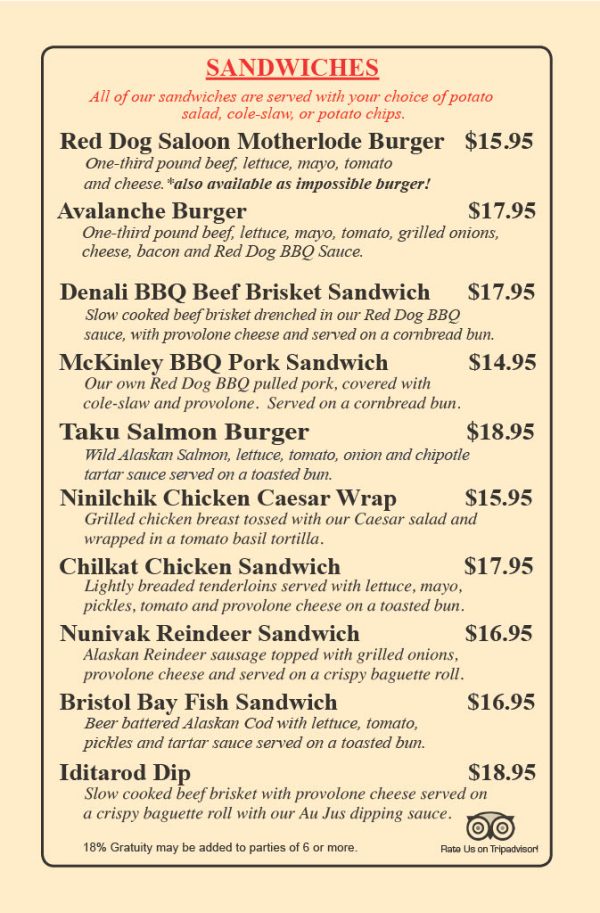 Red Dog Salooon Summer Menu