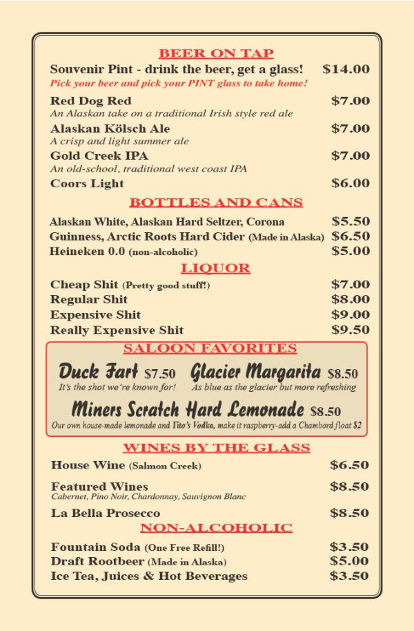 Red Dog Salooon Summer Menu