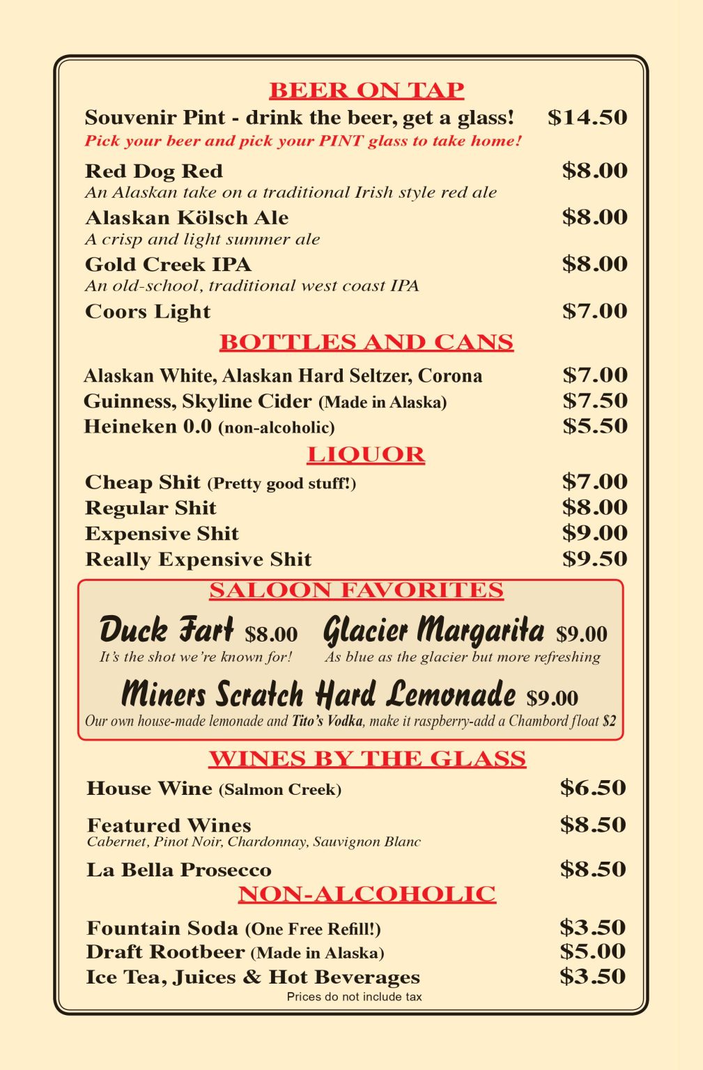 Red Dog Salooon Summer Menu