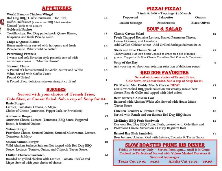 Red Dog Salooon Menu